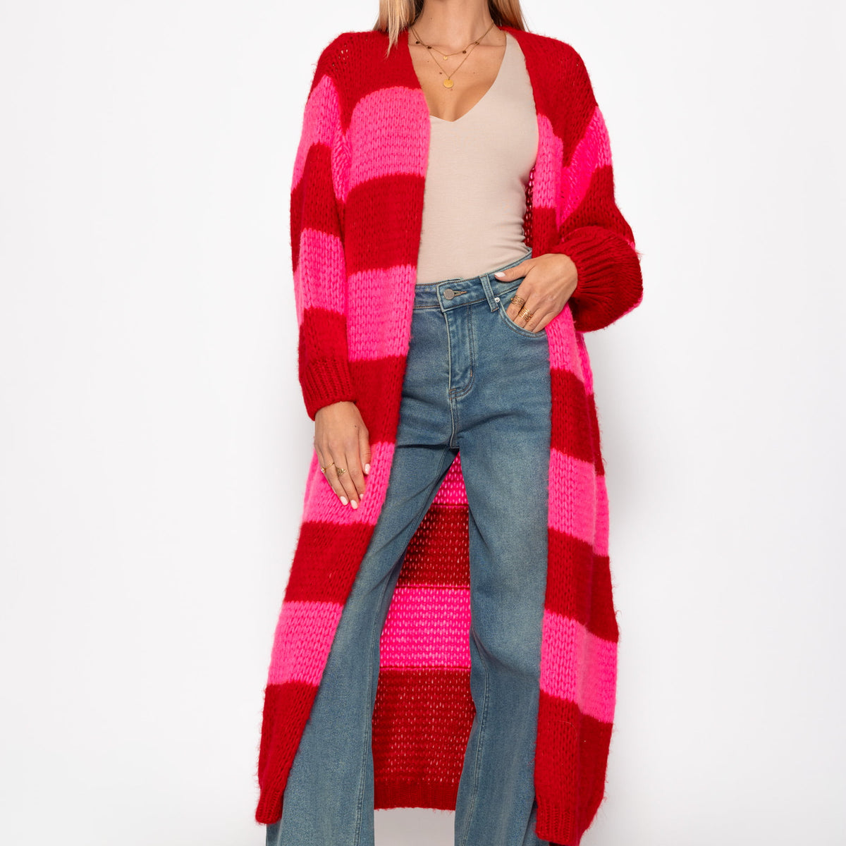 Extra long cardigan with block stripes - red-pink – SASSYCLASSY